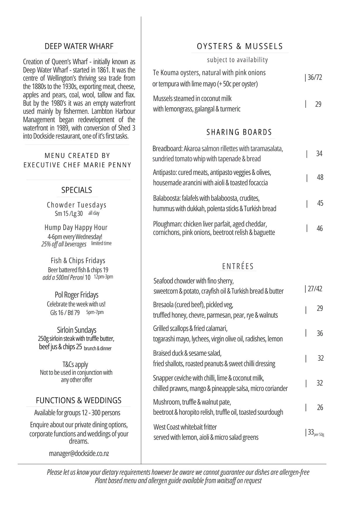 Menu at Dockside Restaurant & Bar, Wellington, Shed 3/9 Queens Wharf