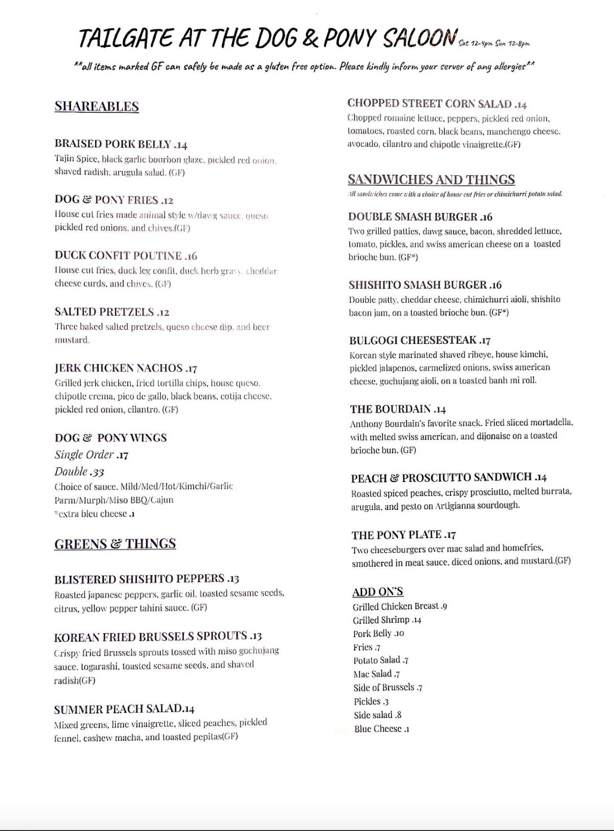 Menu at Dog and Pony Saloon pub & bar, Buffalo