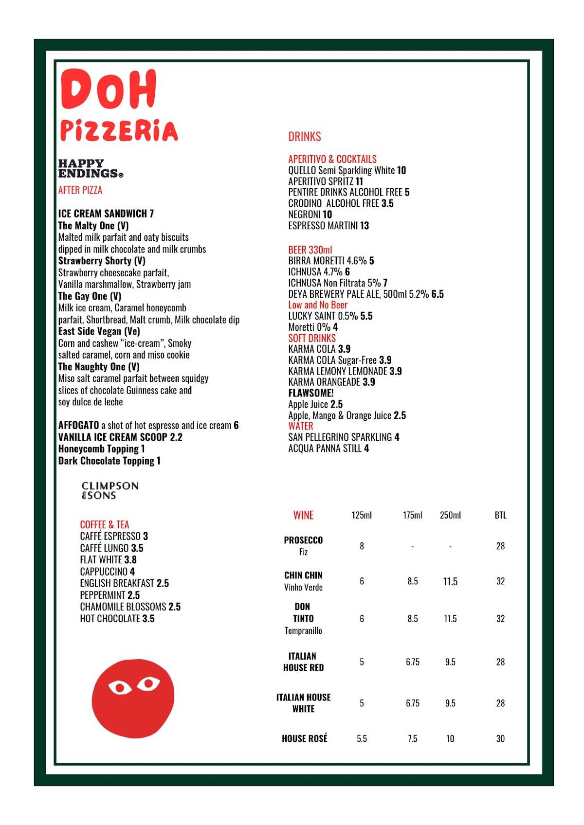 Menu at Doh Pizzeria, Southwold