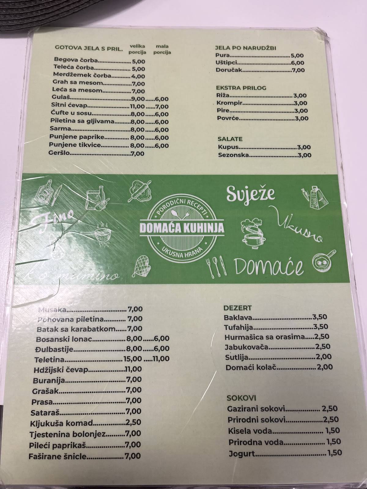 Menu at Domaća Kuhinja restaurant, Sarajevo