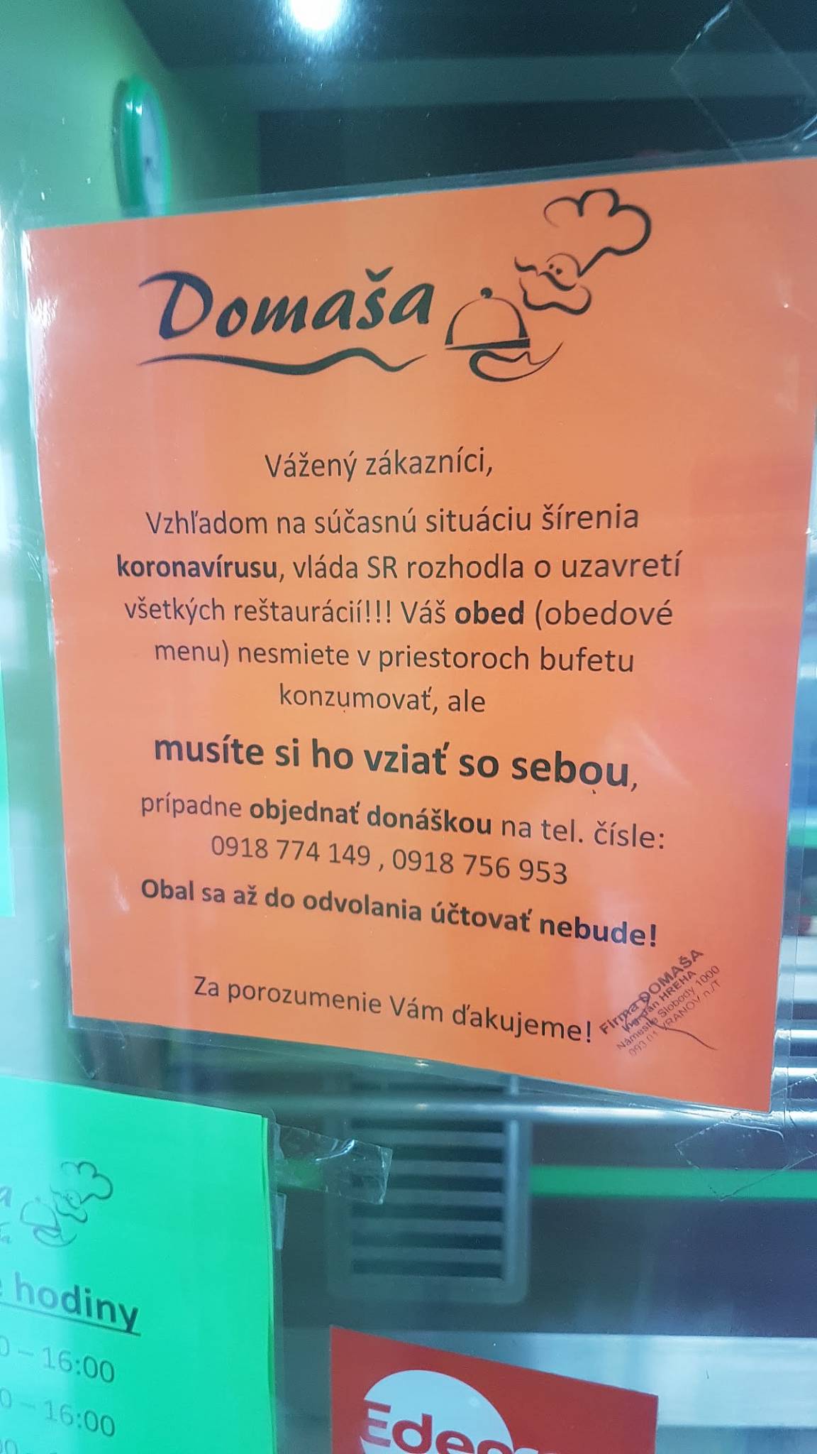 Menu at Domaša restaurant, Vranov nad Topľou