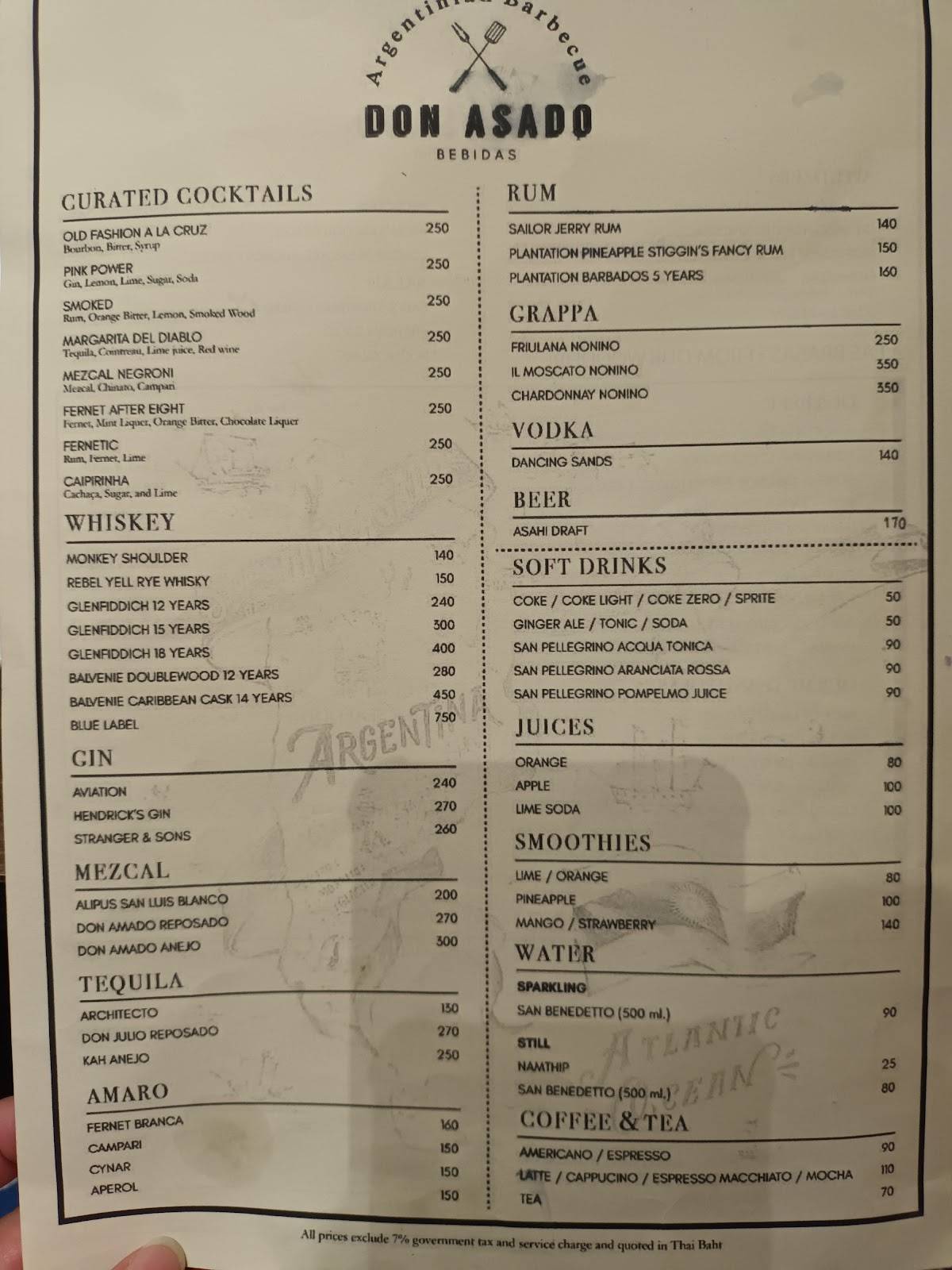 Carta del restaurante Don Asado, Bangkok