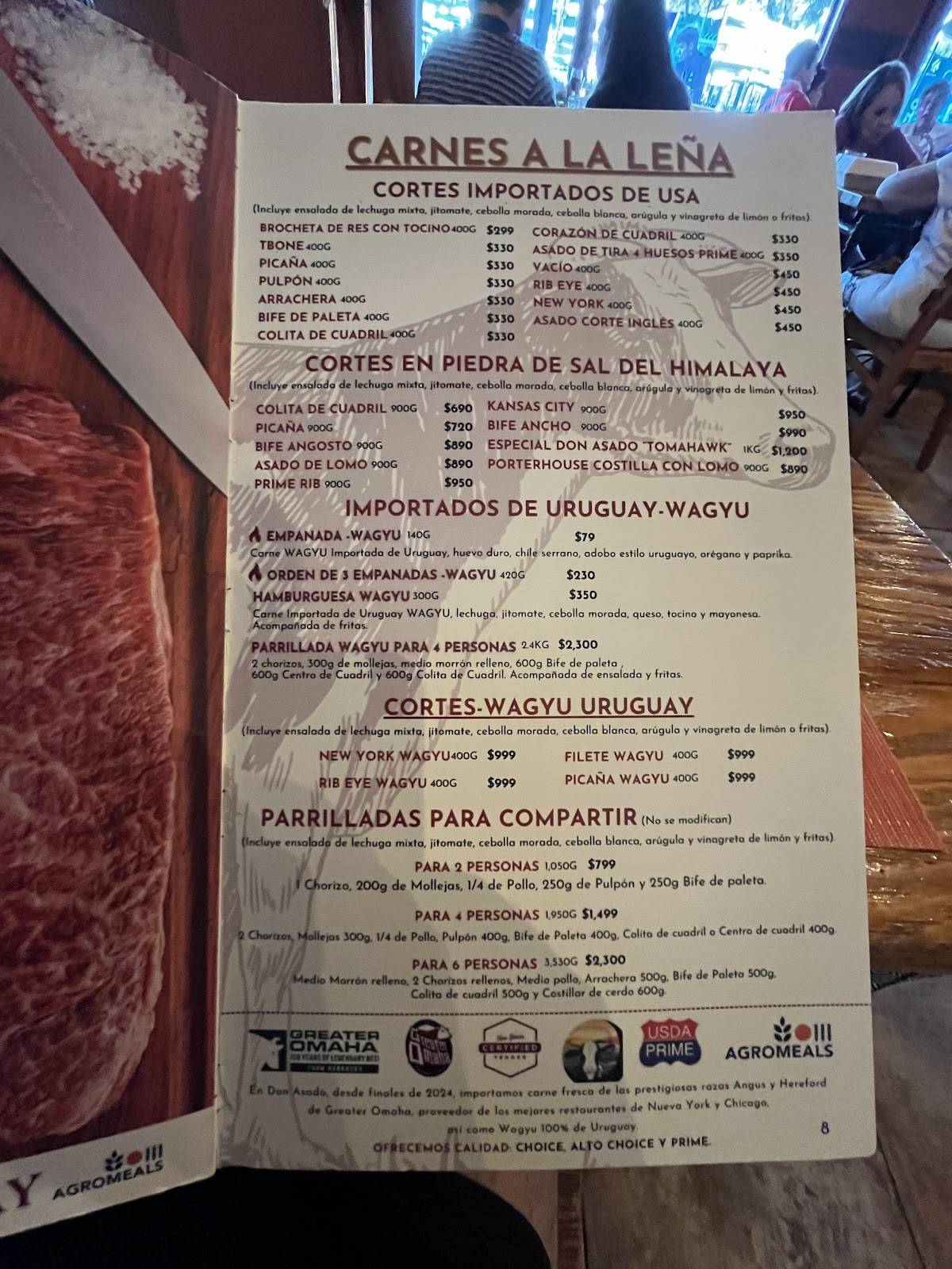 Menu at Don Asado Coapa restaurant, Mexico City