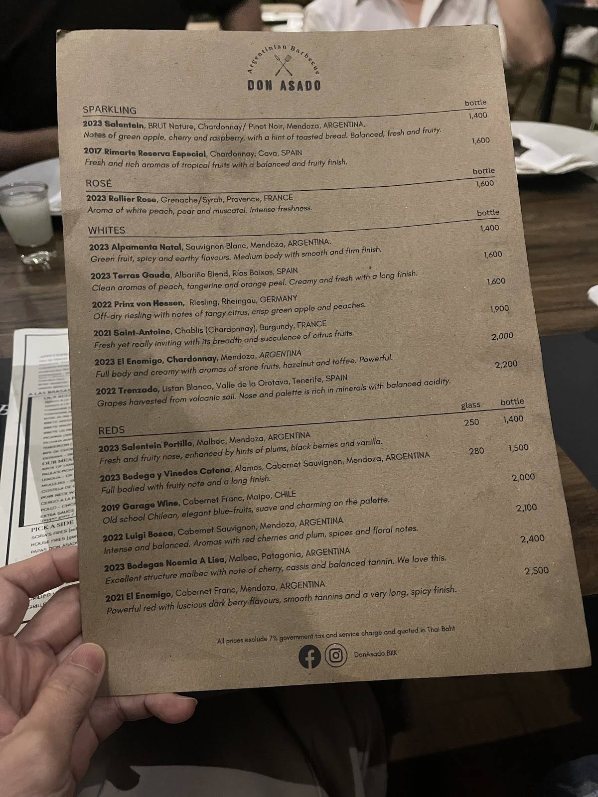 Menu at Don Asado restaurant, Bangkok