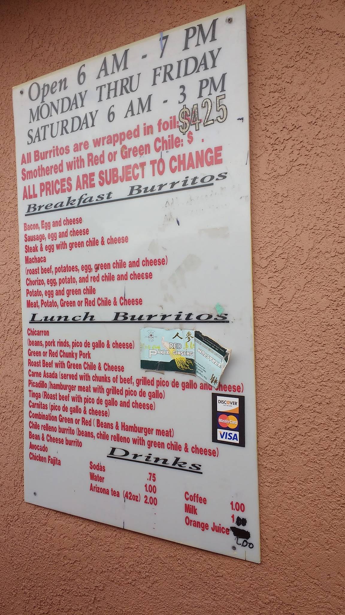 Menu at Don Juan's Burritos & Mexican Food restaurant, Silver City
