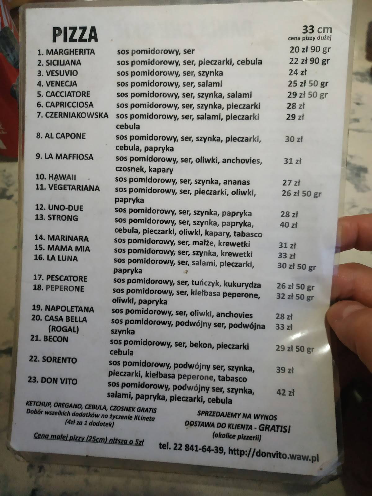Menu at Don Vito pizzeria, Warsaw