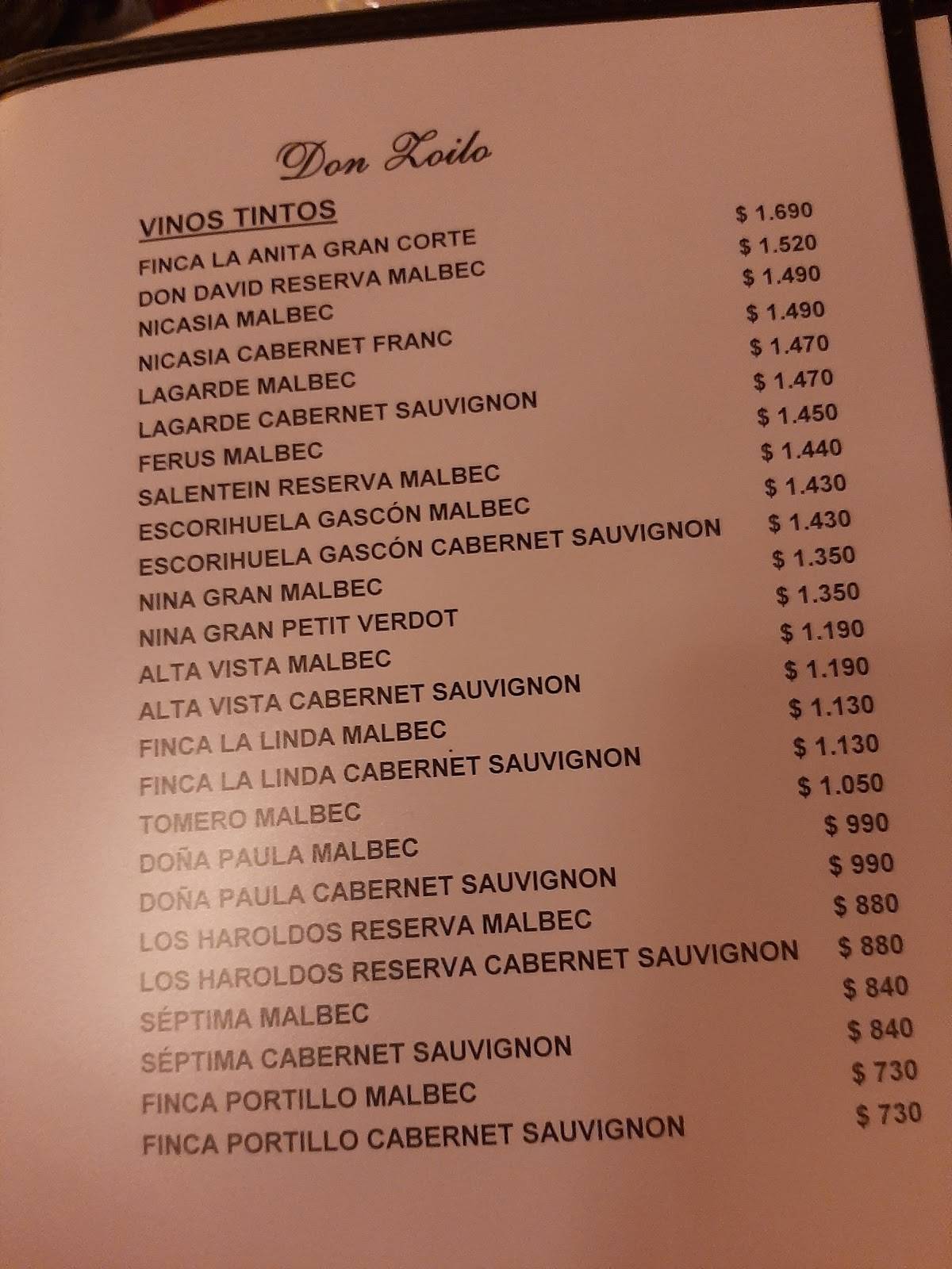 Carta del restaurante Don Zoilo, Buenos Aires
