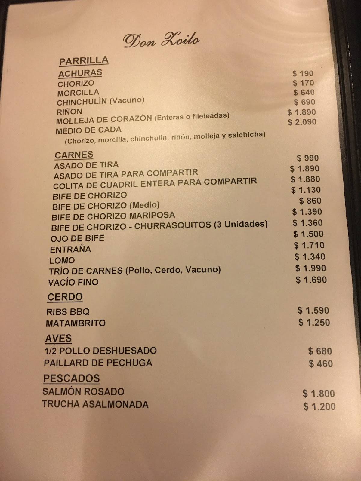 Carta del restaurante Don Zoilo, Buenos Aires
