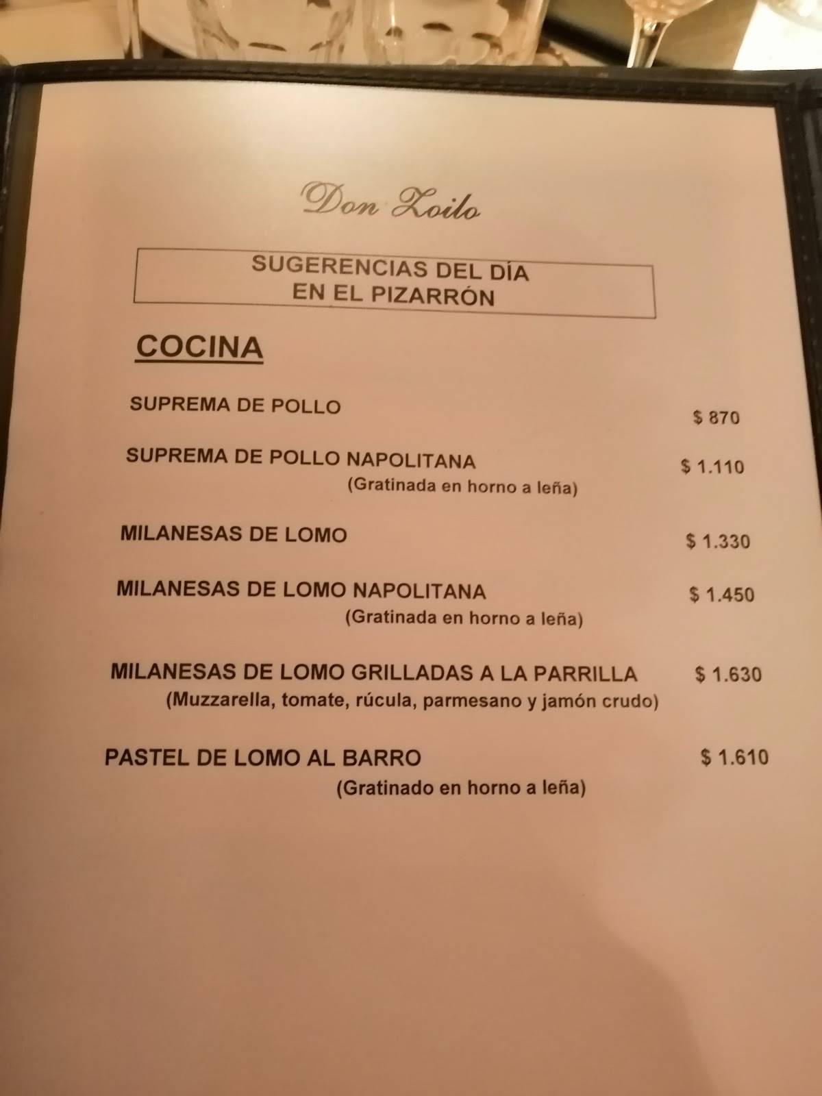 Carta del restaurante Don Zoilo, Buenos Aires