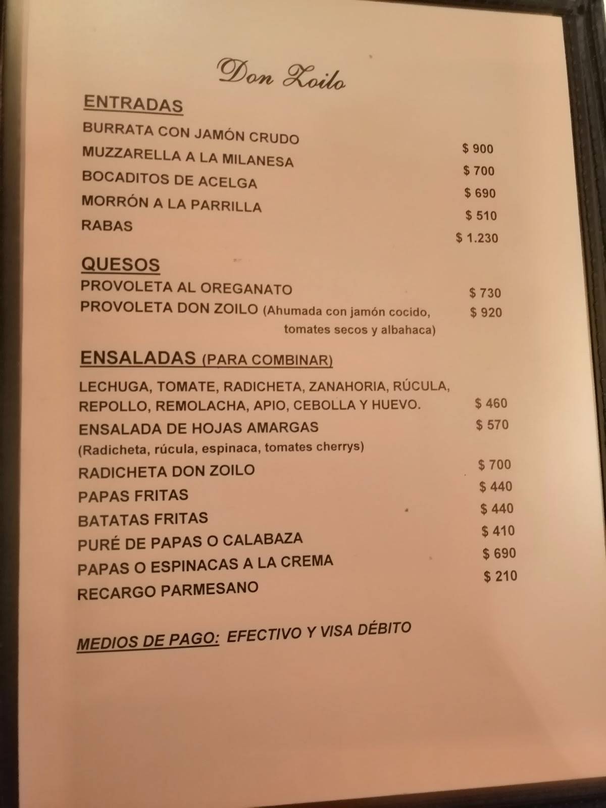 Carta del restaurante Don Zoilo, Buenos Aires
