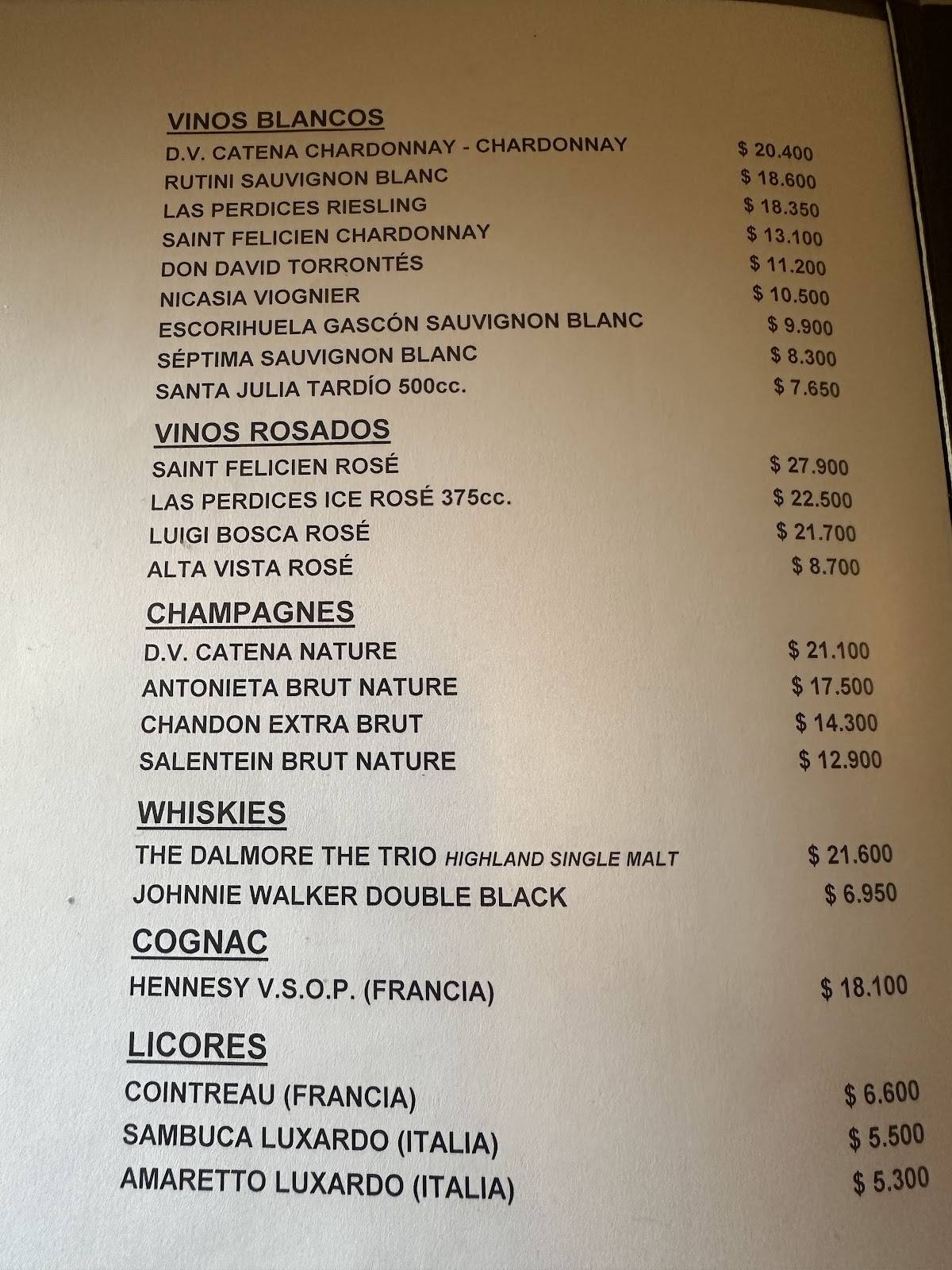 Carta del restaurante Don Zoilo, Buenos Aires