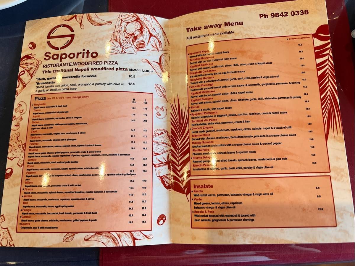 Menu at Saporito restaurant, Doncaster East