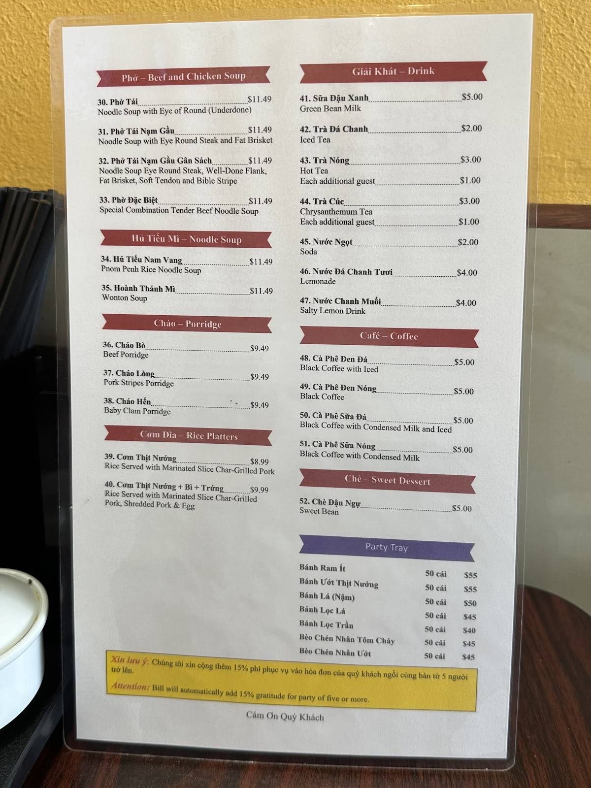 Menu at Dong Ba restaurant, Houston