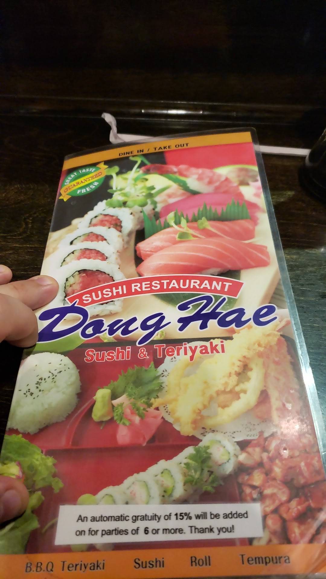 Menu at Dong Hae Sushi restaurant, Lompoc