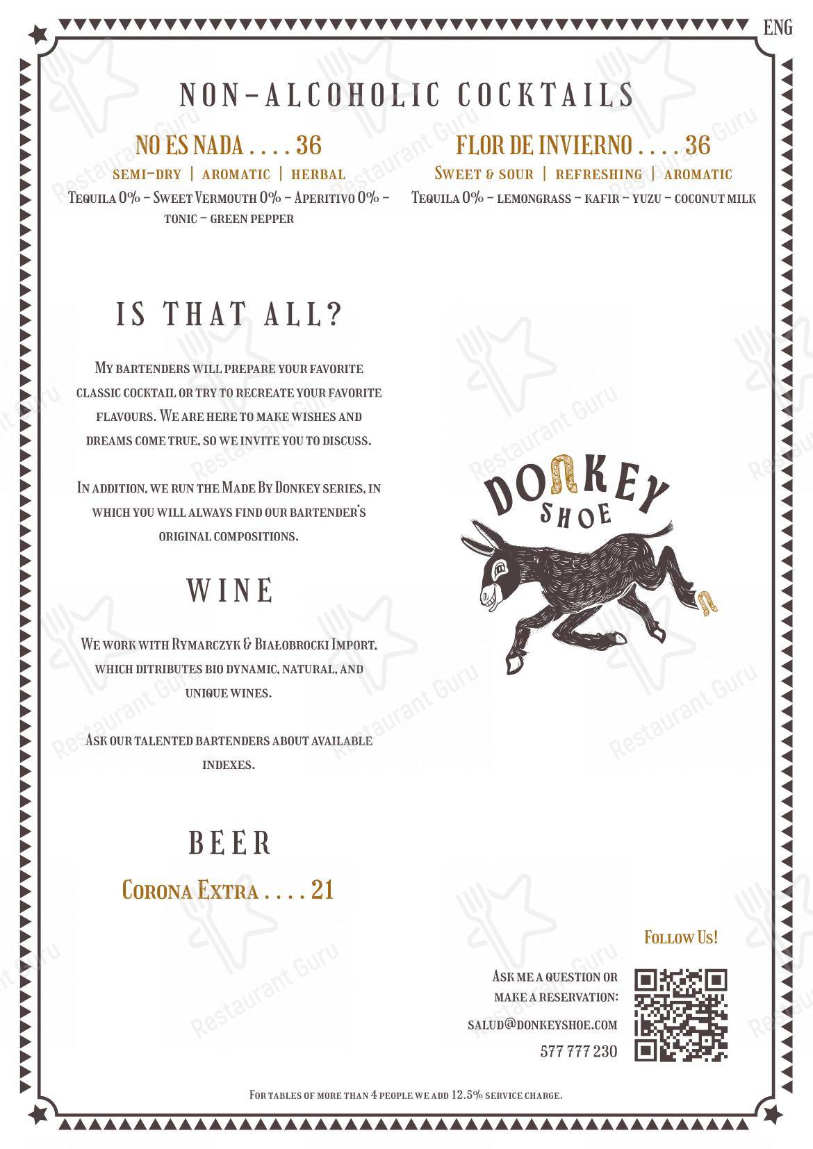 Menu at Donkey Shoe - Cocktail Drink Bar - Fabryka Norblina, Warsaw