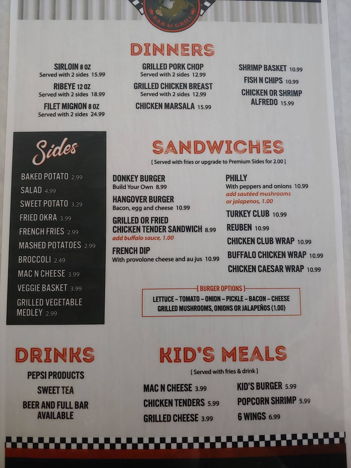 Menu at Donkeys Bar & Grill, Crawfordville