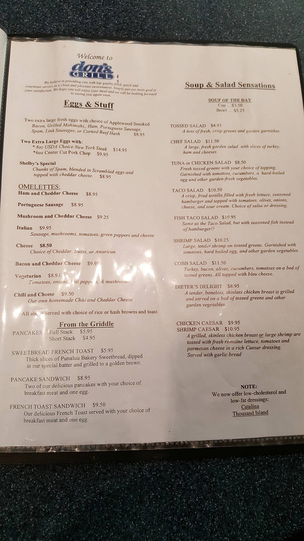 Menu at Don's Grill restaurant, Hilo