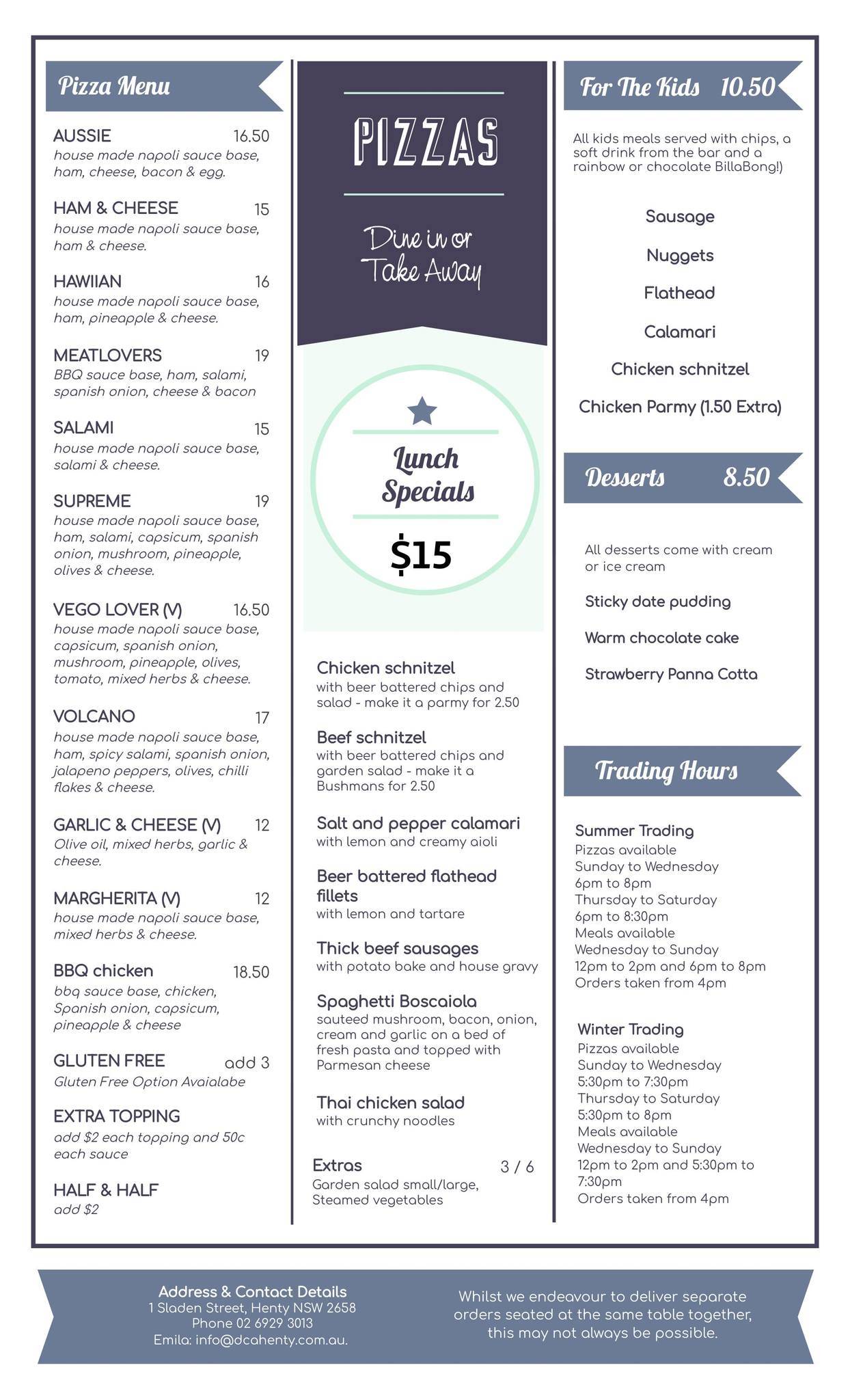 Menu at Doodle Cooma Arms Hotel pub & bar, Henty