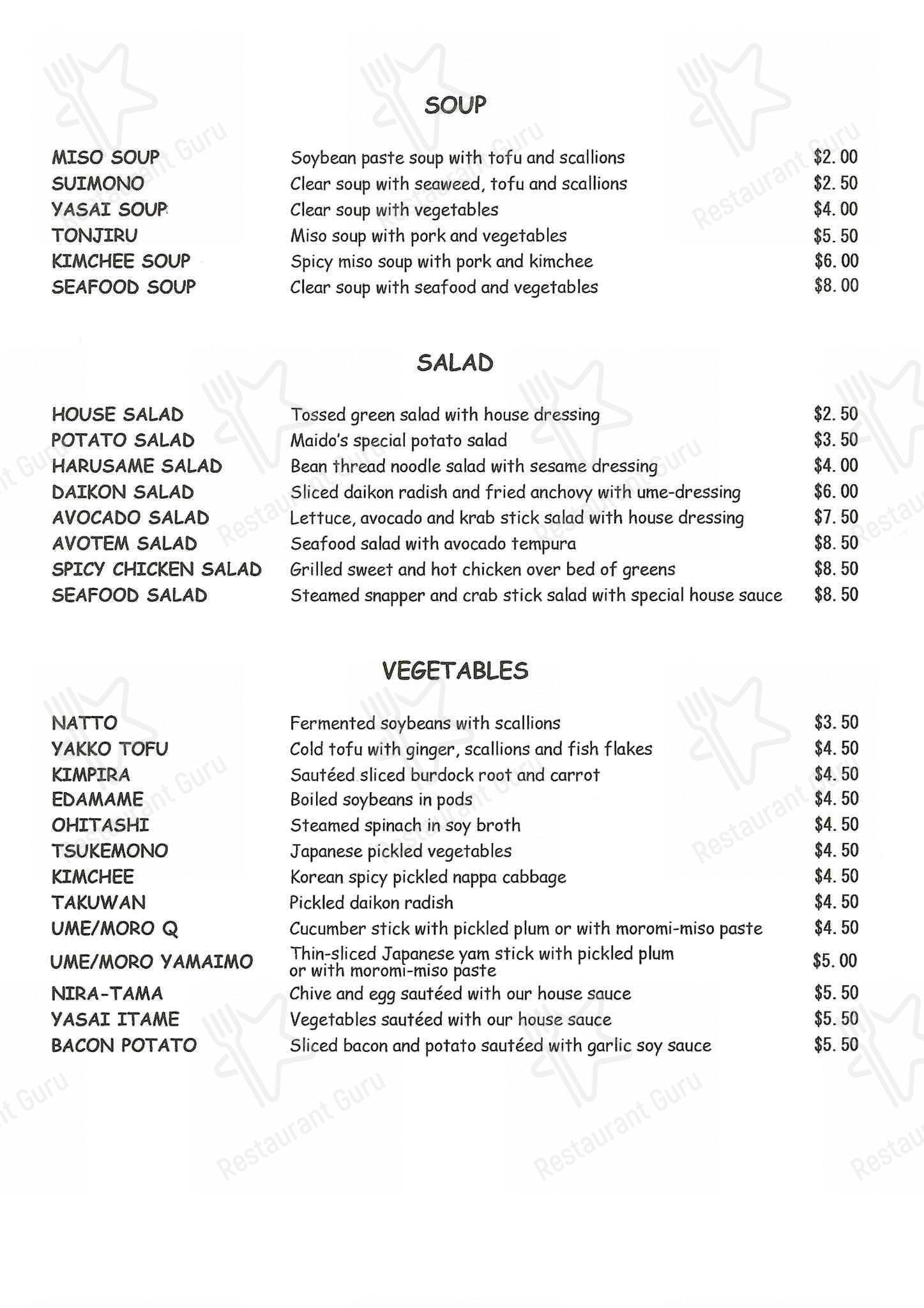 Carta de Maido Japanese Restaurant, Doral