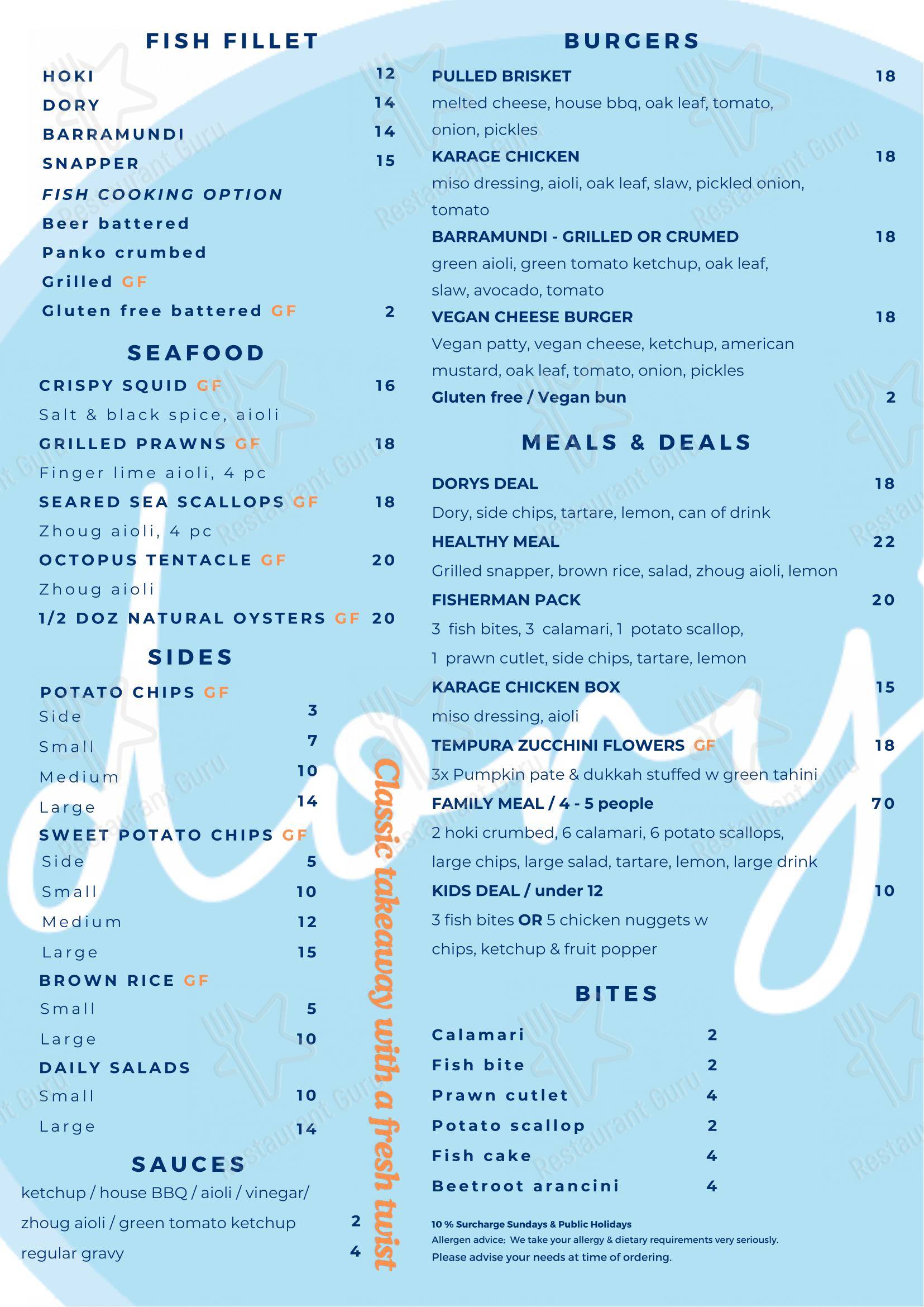 Menu at Dory's Takeaway restaurant, Ballina