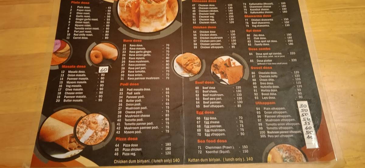 Menu at Dosa Spot, Tirur