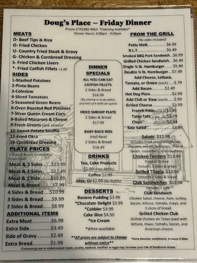 Menu at Doug's Place restaurant, Emerson, 696 GA-293