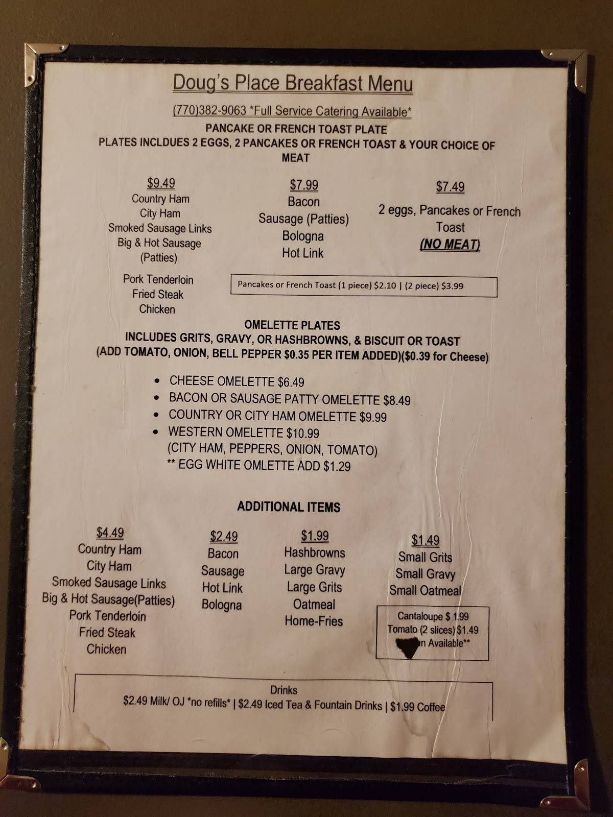 Menu at Doug's Place restaurant, Emerson, 696 GA-293