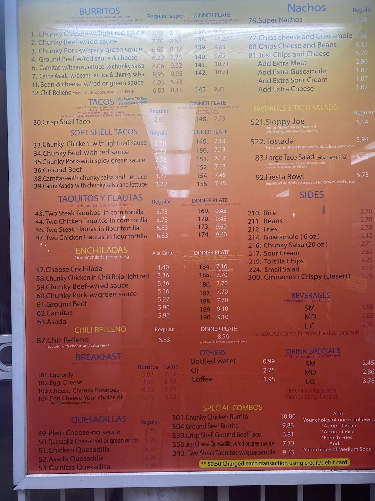 Menu at El Taco restaurant, Downey, Florence Ave