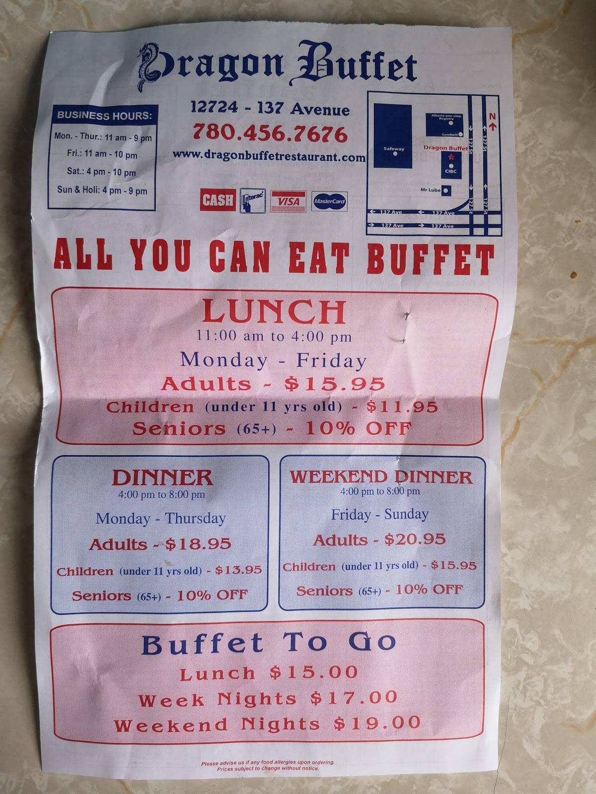 Menu at Dragon Buffet restaurant, Edmonton