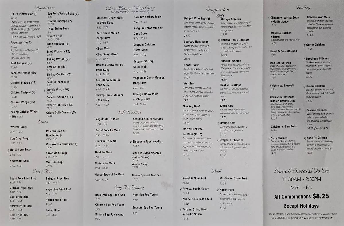Menu at Dragon Villa restaurant, Lincoln