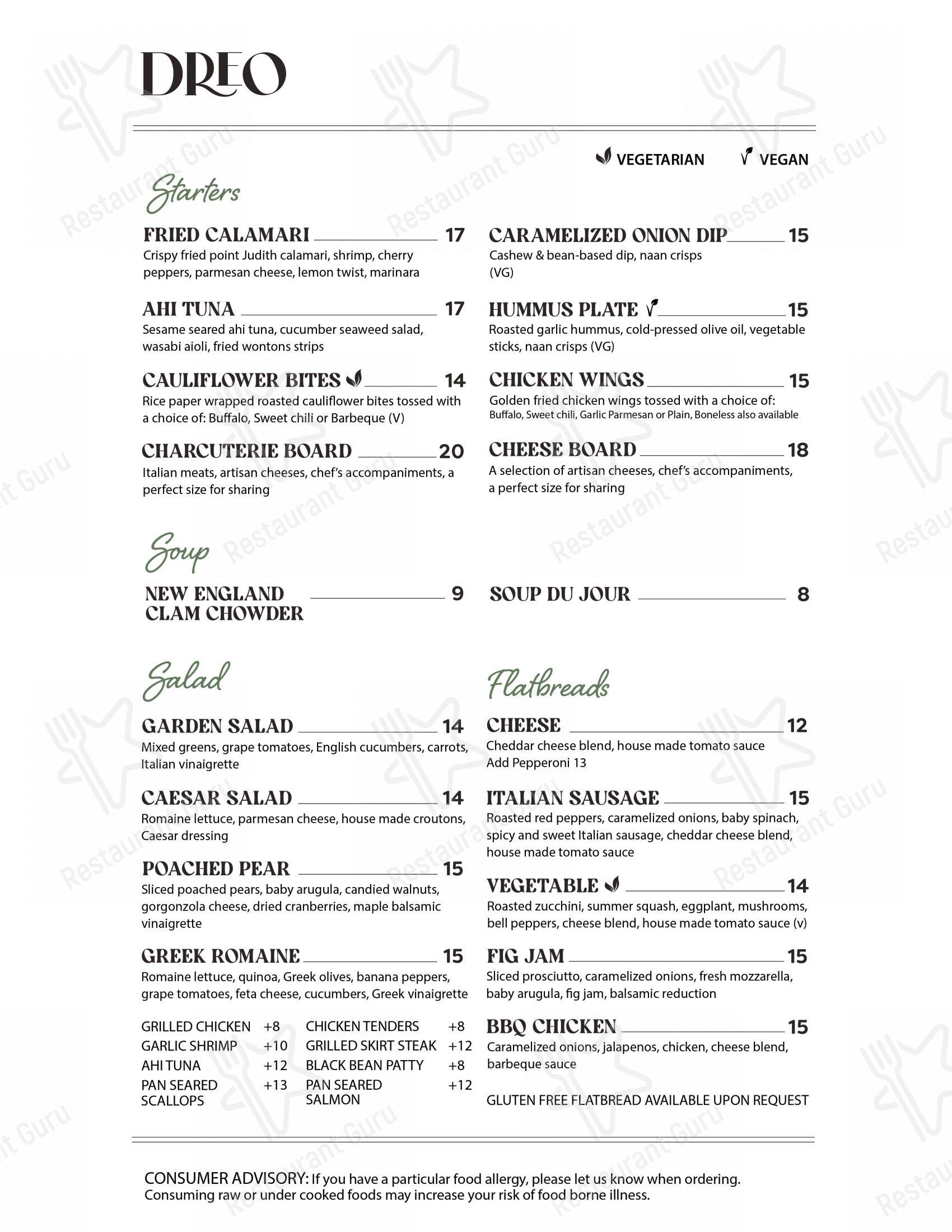 Menu at Dreo pub & bar, Salem