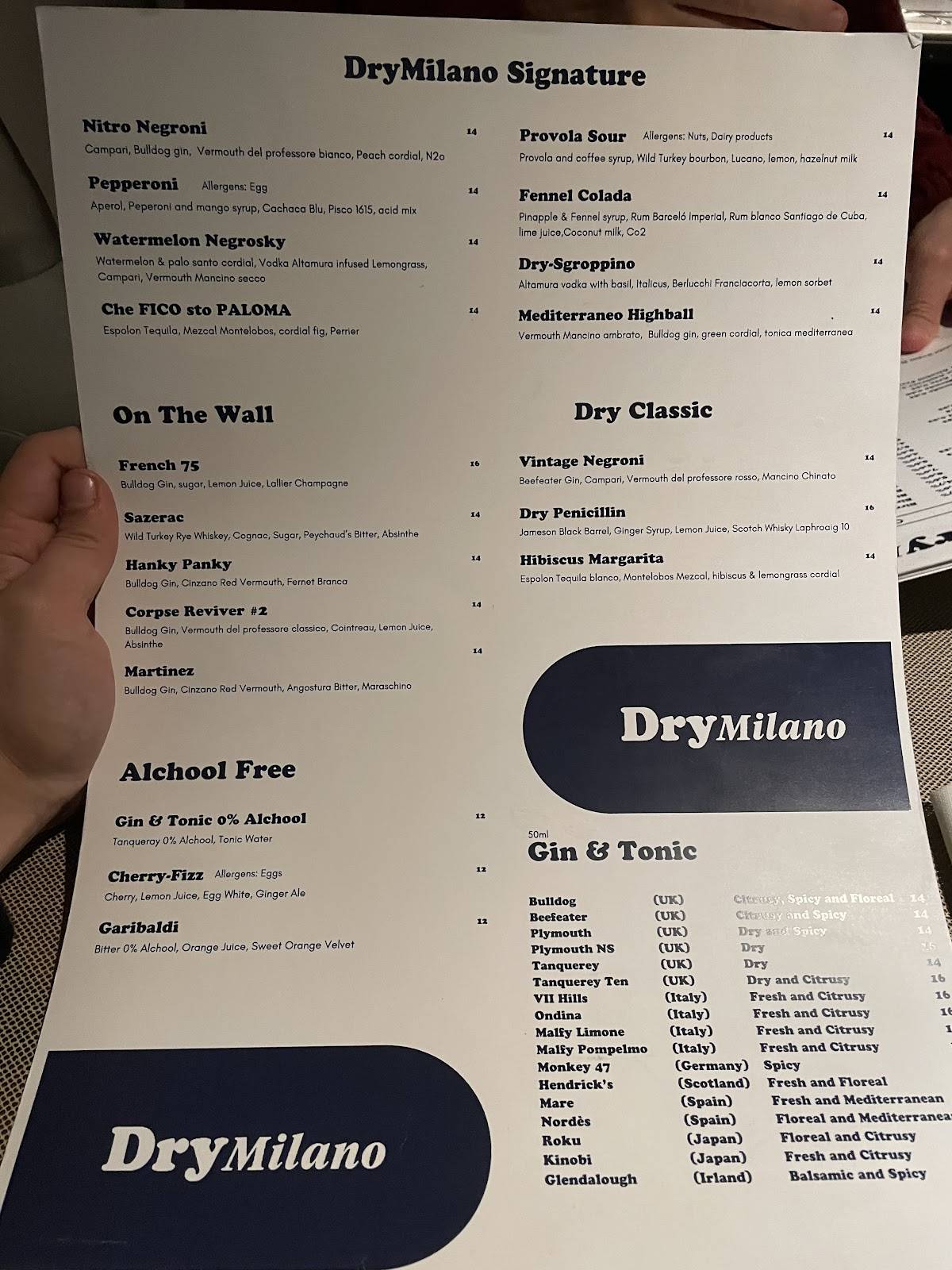 Menu da Dry Milano pub & bar, Milano, Via Solferino