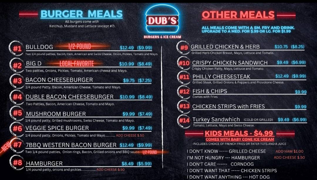 Menu at Dub's Drive-In restaurant, Sandpoint