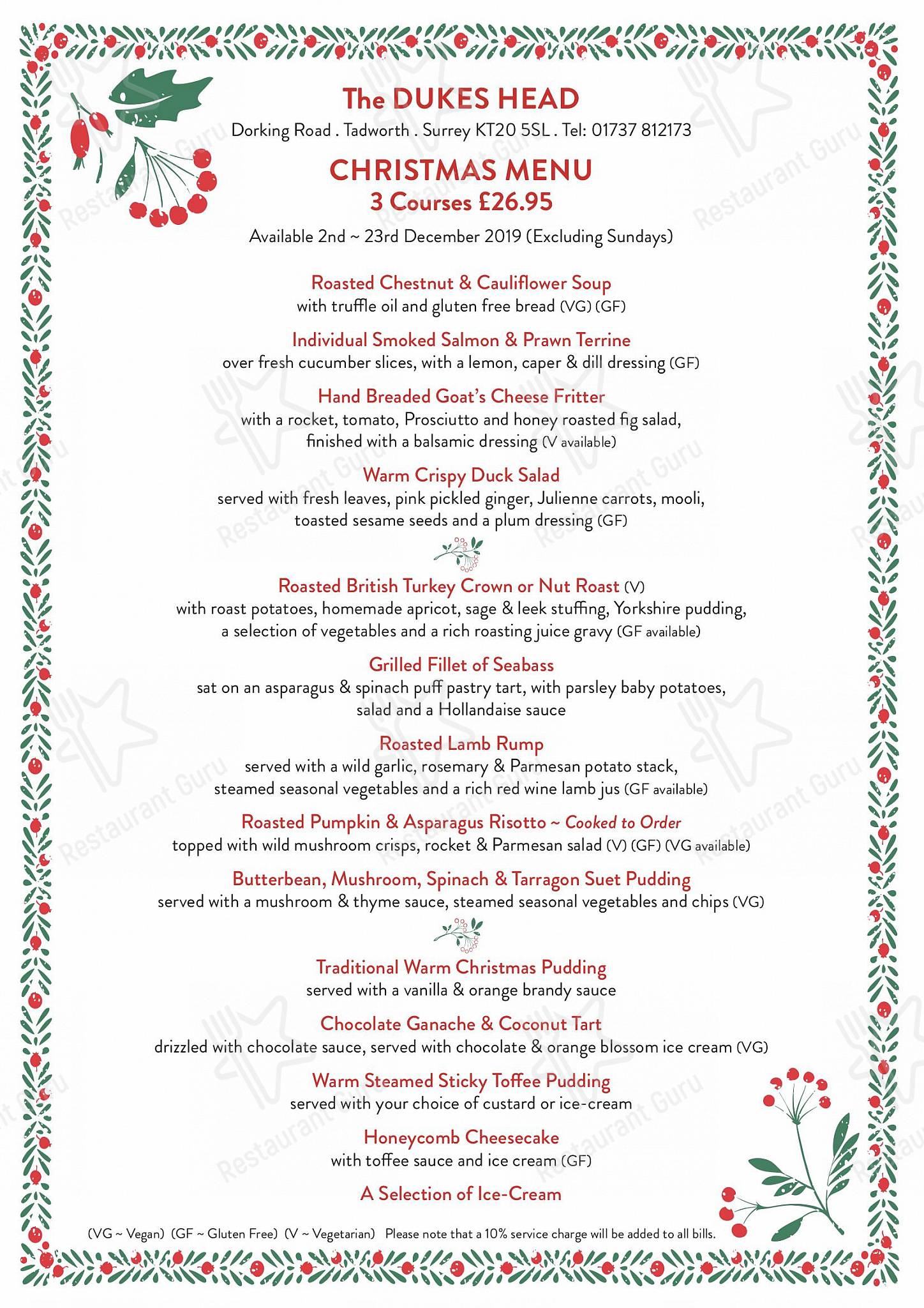 Menu at The Duke's Head pub & bar, Tadworth, Dorking Rd