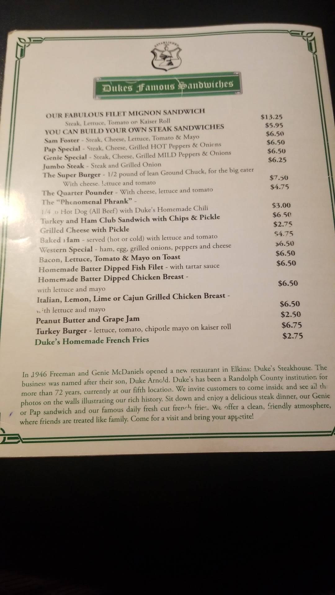 Menu at Duke's Steakhouse, Elkins, Harrison Ave