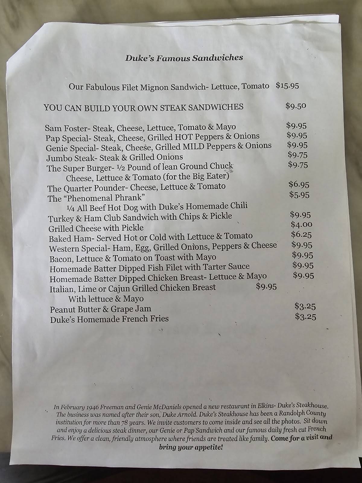 Menu at Duke's Steakhouse, Elkins, Harrison Ave