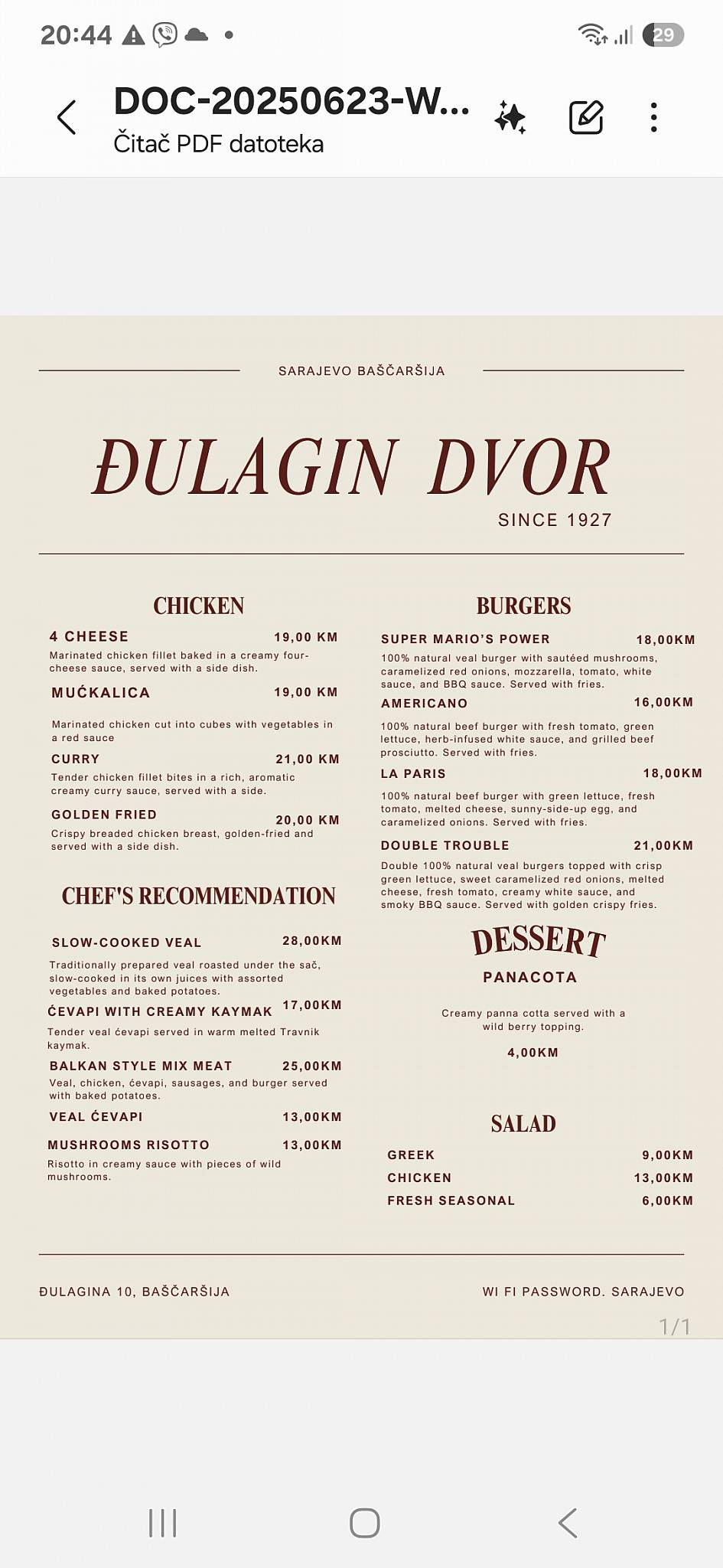 Menu at Đulagin Dvor restaurant, Sarajevo