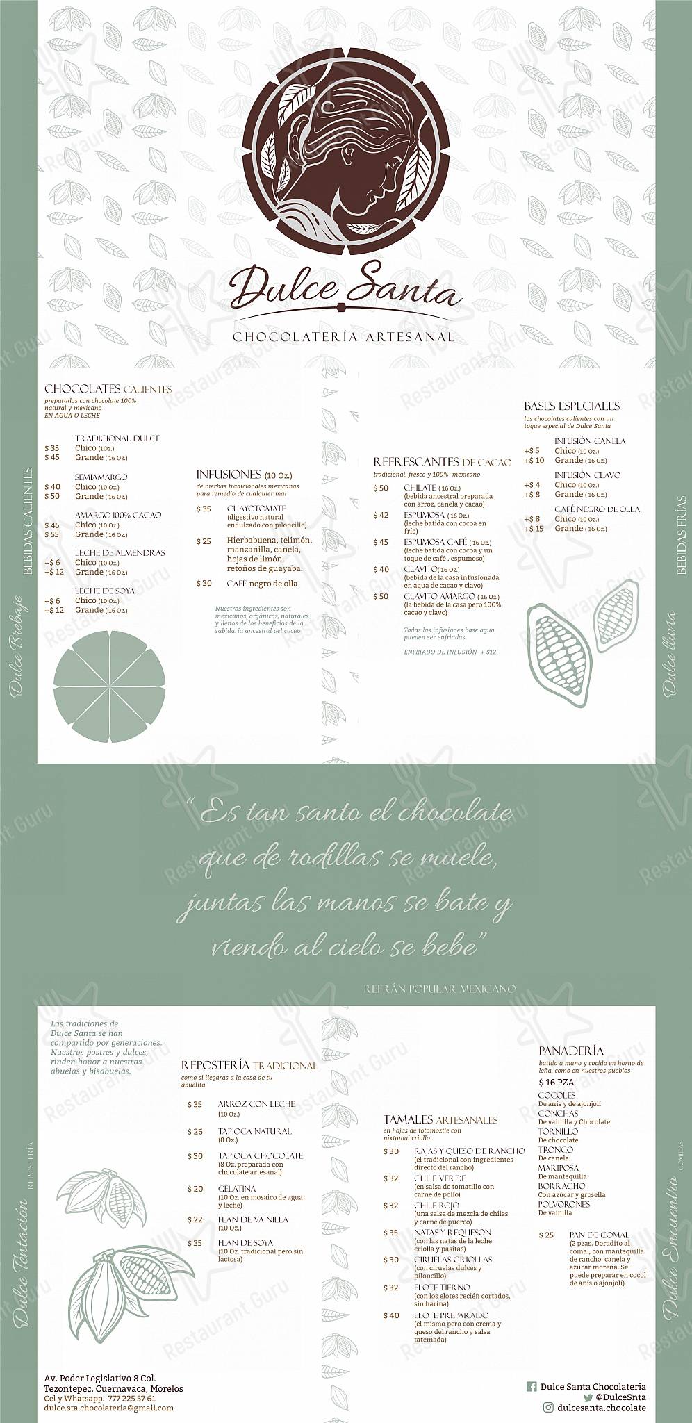 Menu at Dulce santa Chocolatería Artesanal cafe, Cuernavaca, Av. Poder ...