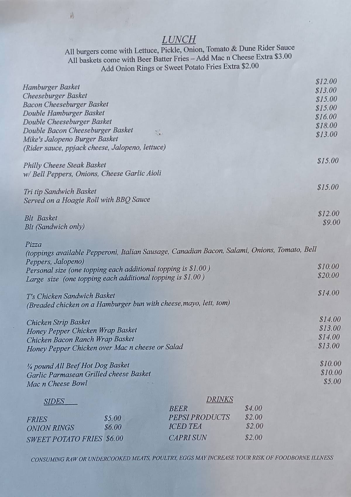 Menu at Dune Rider Cafe, Lakeside