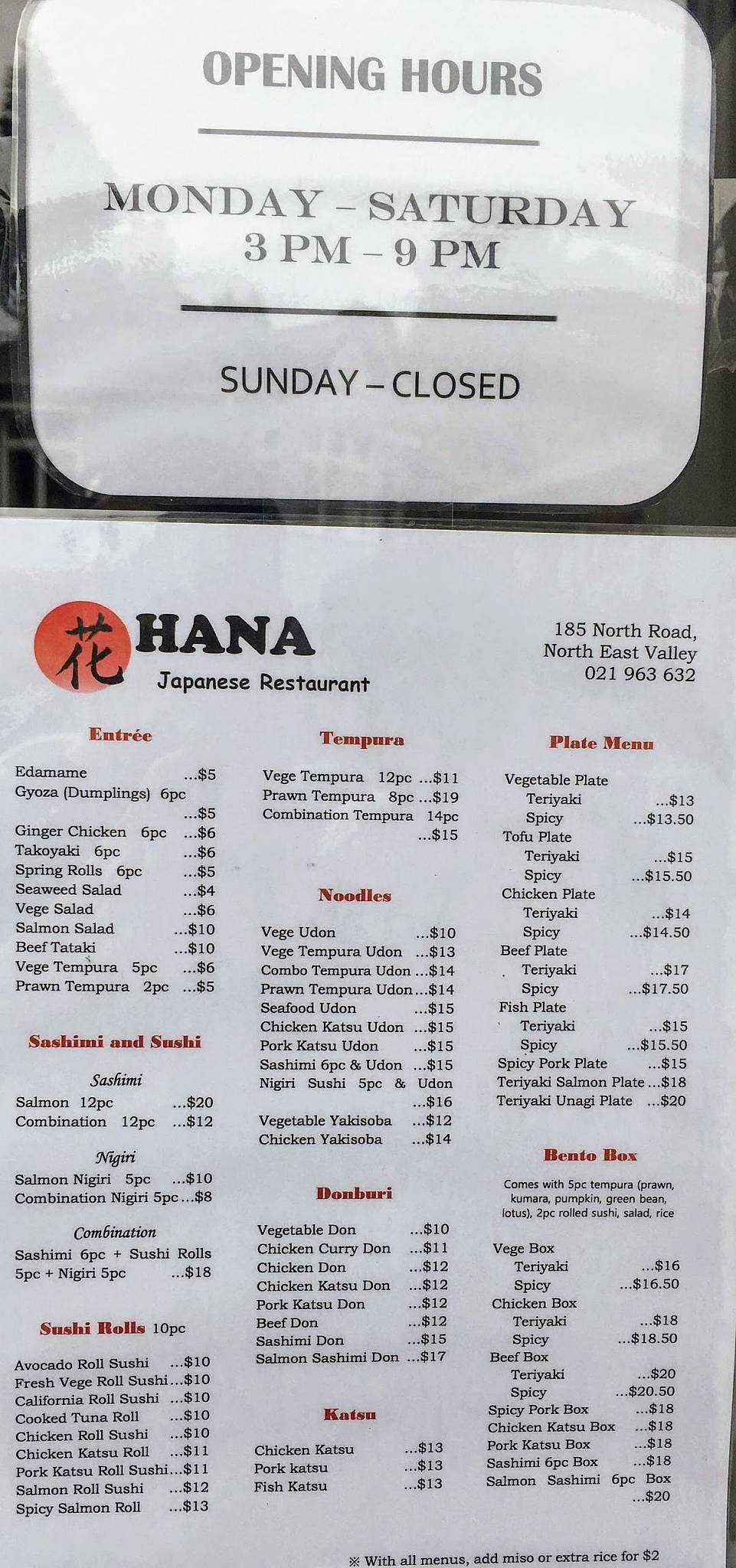 Menu at Hana Japanese Restaurant, Dunedin