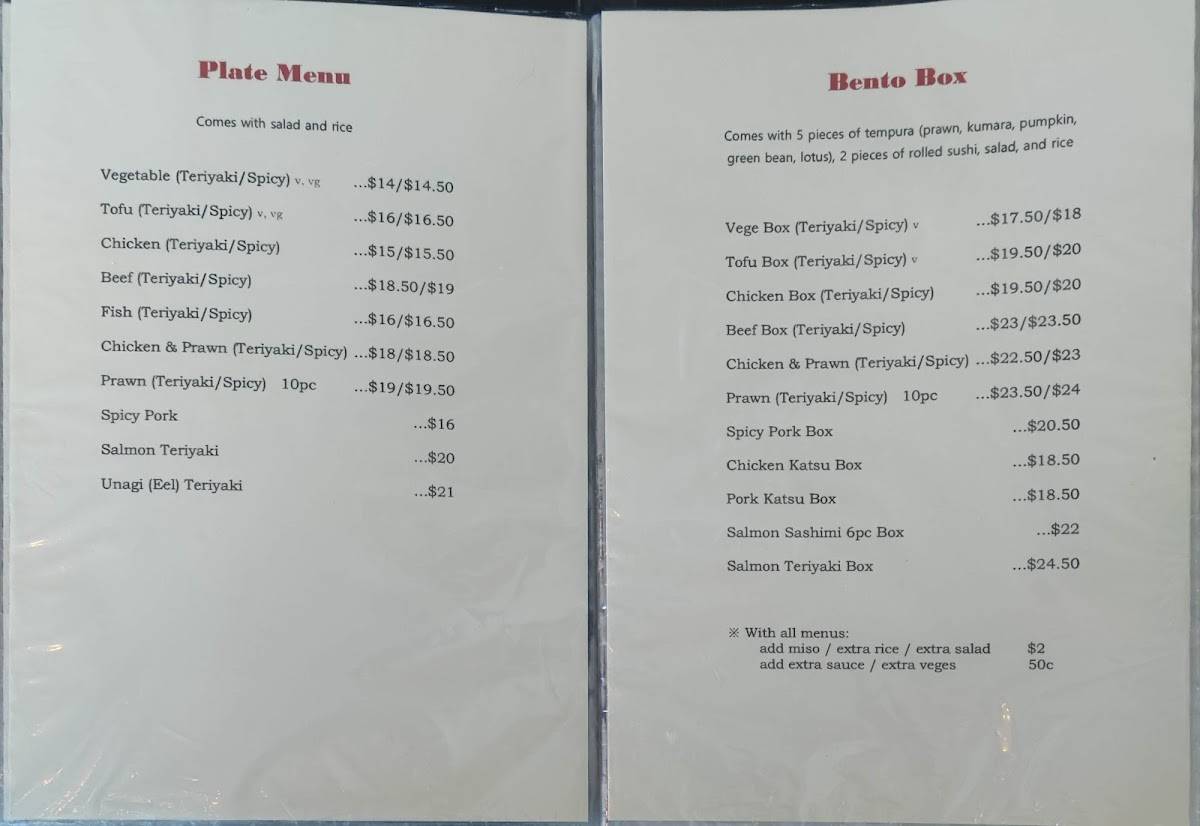 Menu at Hana Japanese Restaurant, Dunedin