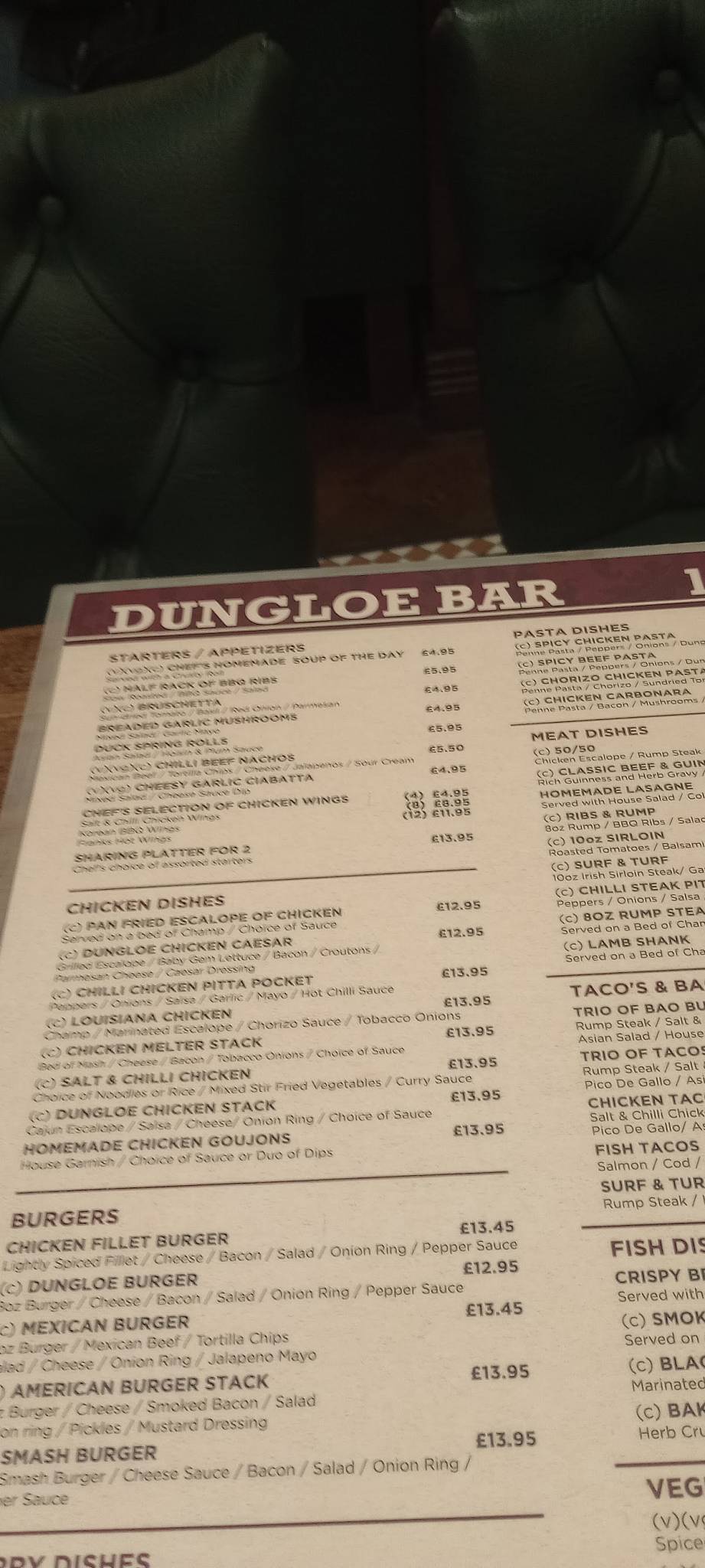 Menu at Dungloe Bar, Londonderry
