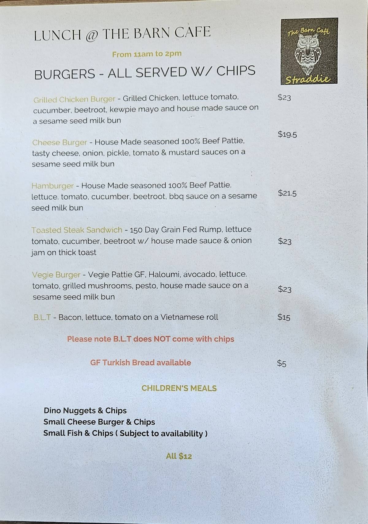 Menu at The Barn Cafe, Dunwich