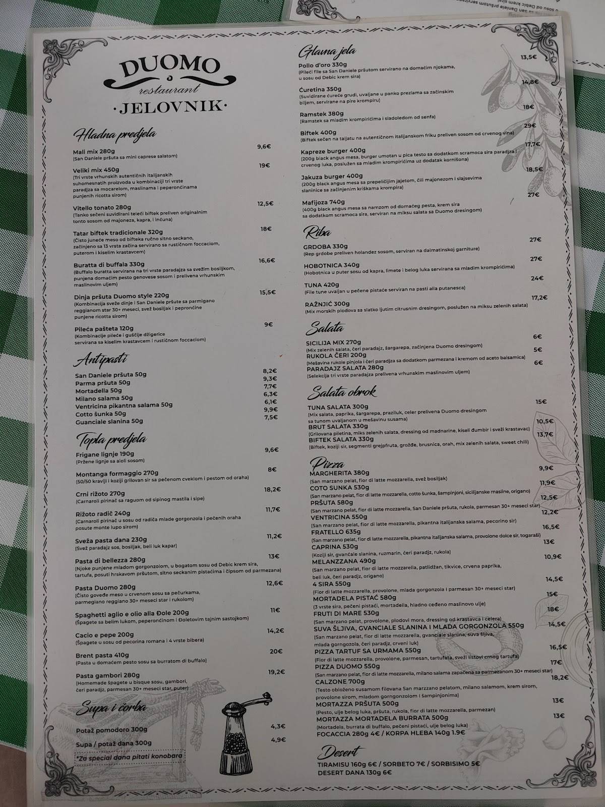 Menu at Duomo Crna Gora restaurant, Bečići