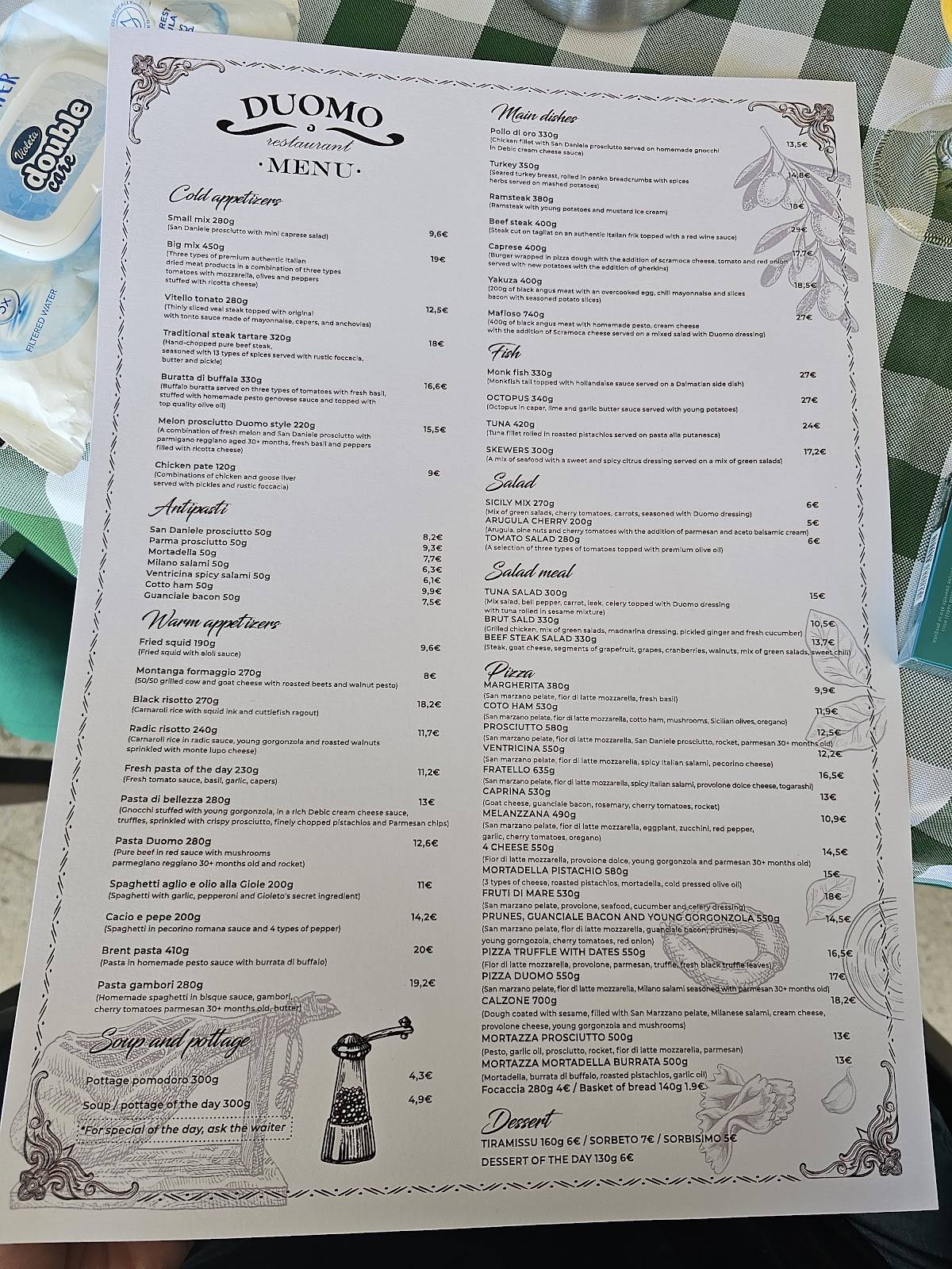Menu at Duomo Crna Gora restaurant, Bečići