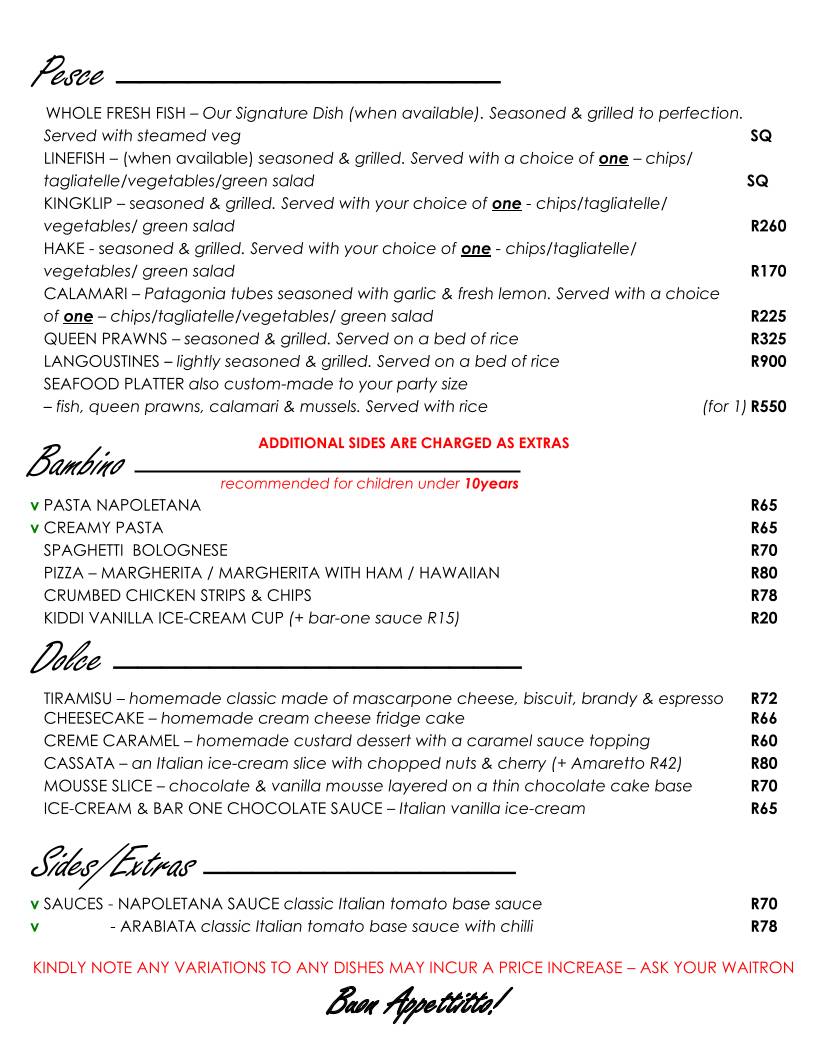 Menu at Al Firenze restaurant, Umhlanga