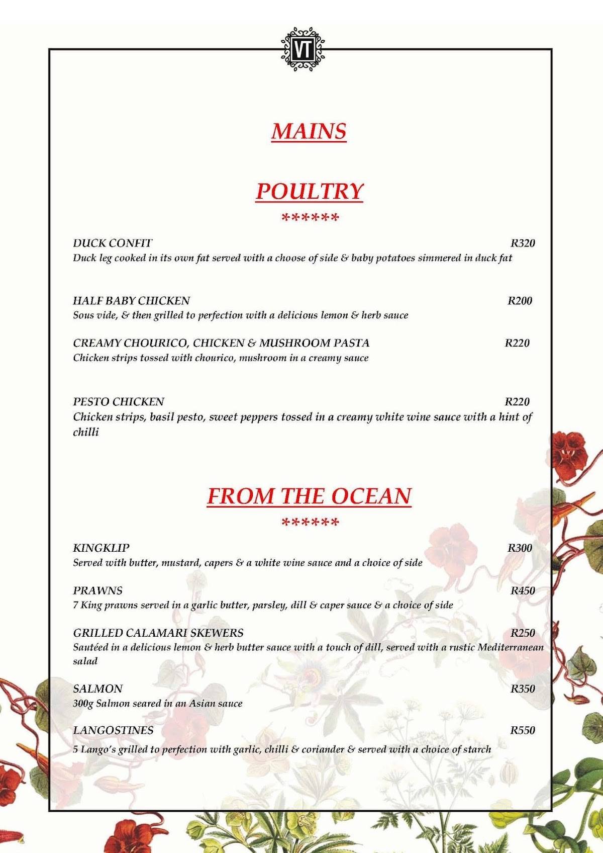 Menu at The Village Table restaurant, Durban