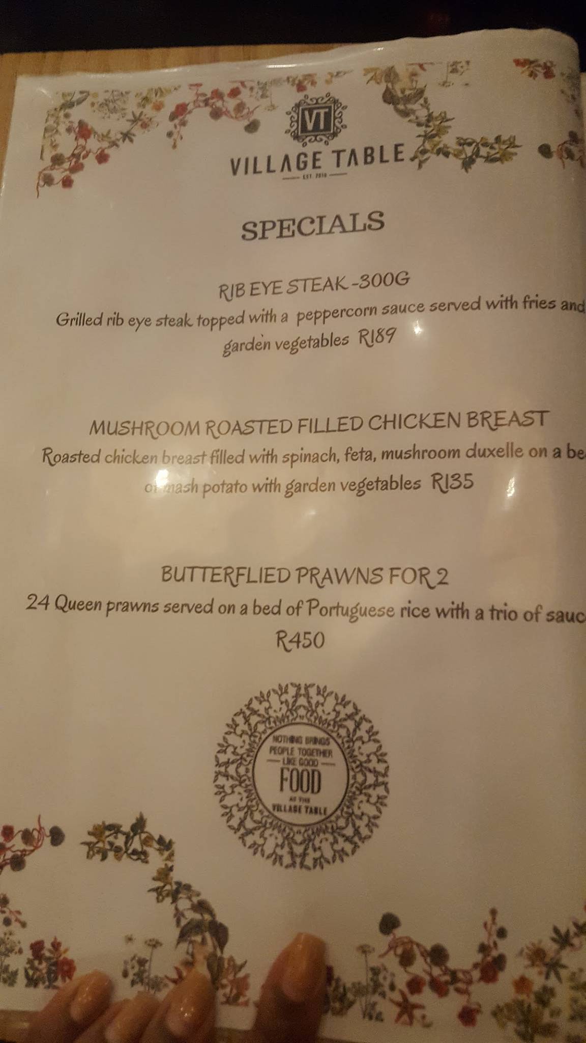 Menu at The Village Table restaurant, Durban