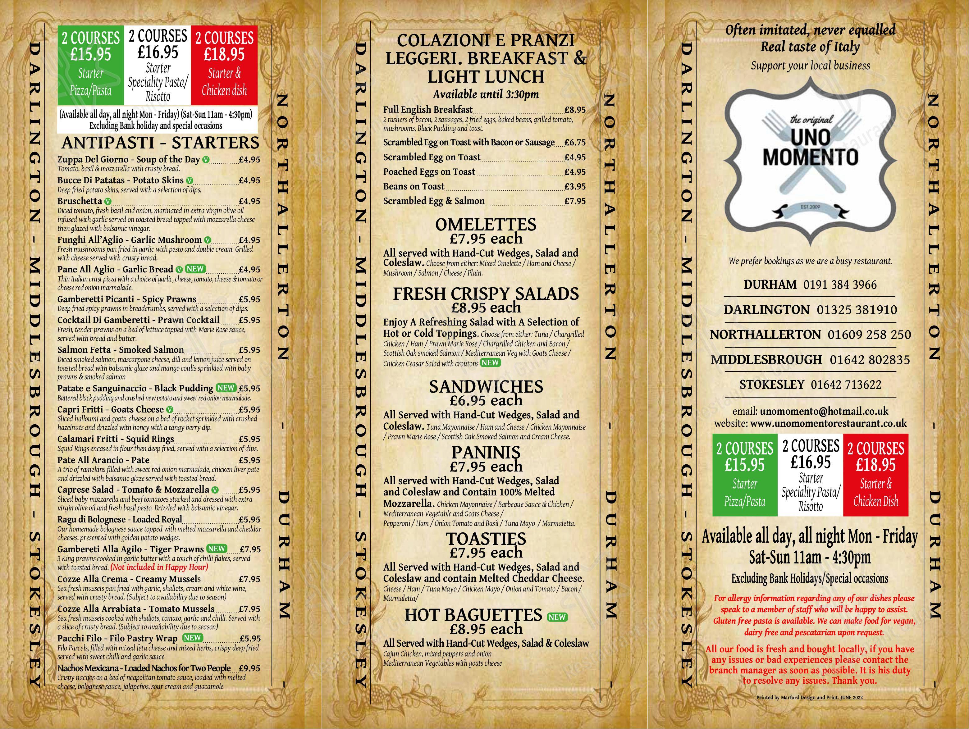 Menu at Uno Momento restaurant, Durham