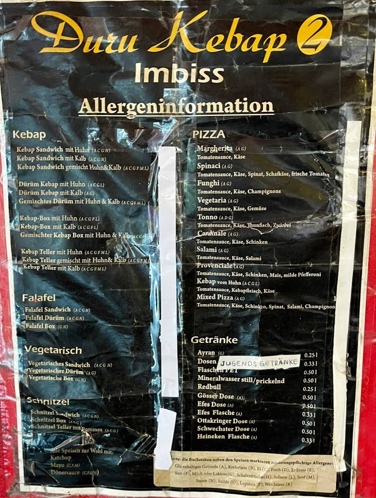 Menu au Duru Kebap restaurant, Vienne, Mariahilfer Gürtel 2